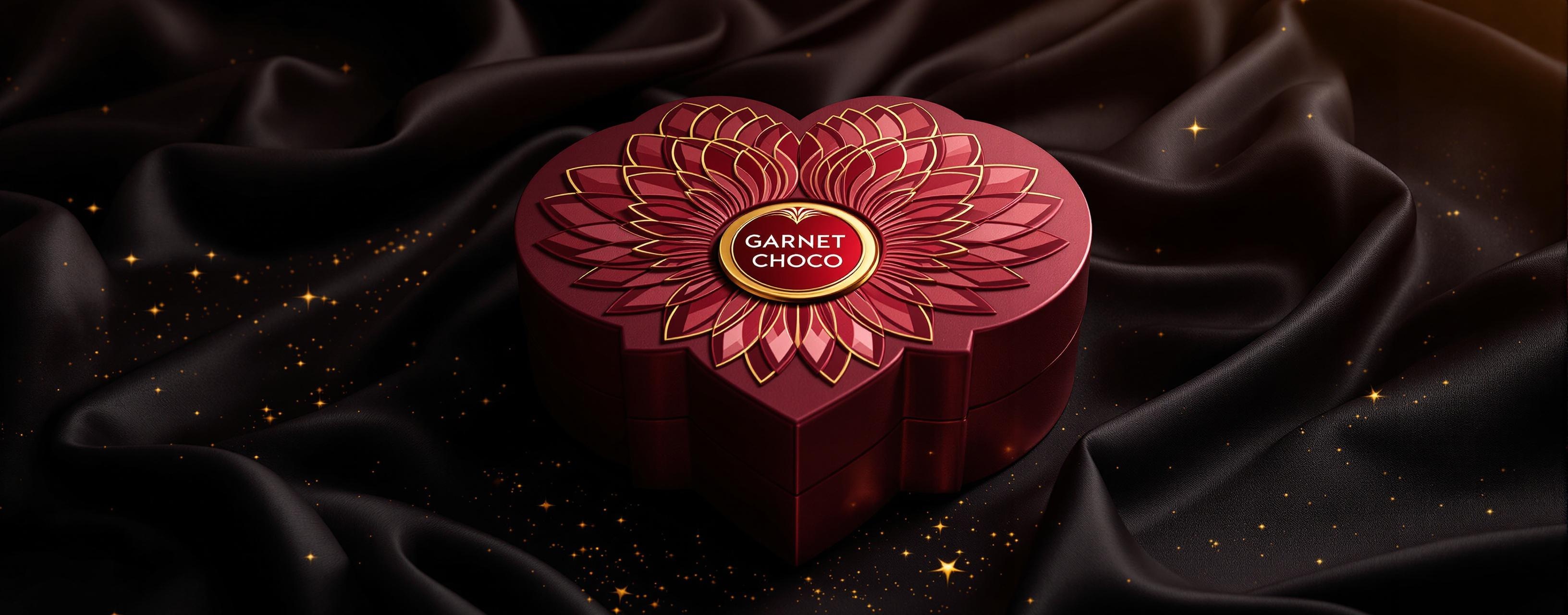 Prompt: "A luxurious, futuristic chocolate box design for ‘GARNET CHOCO ...